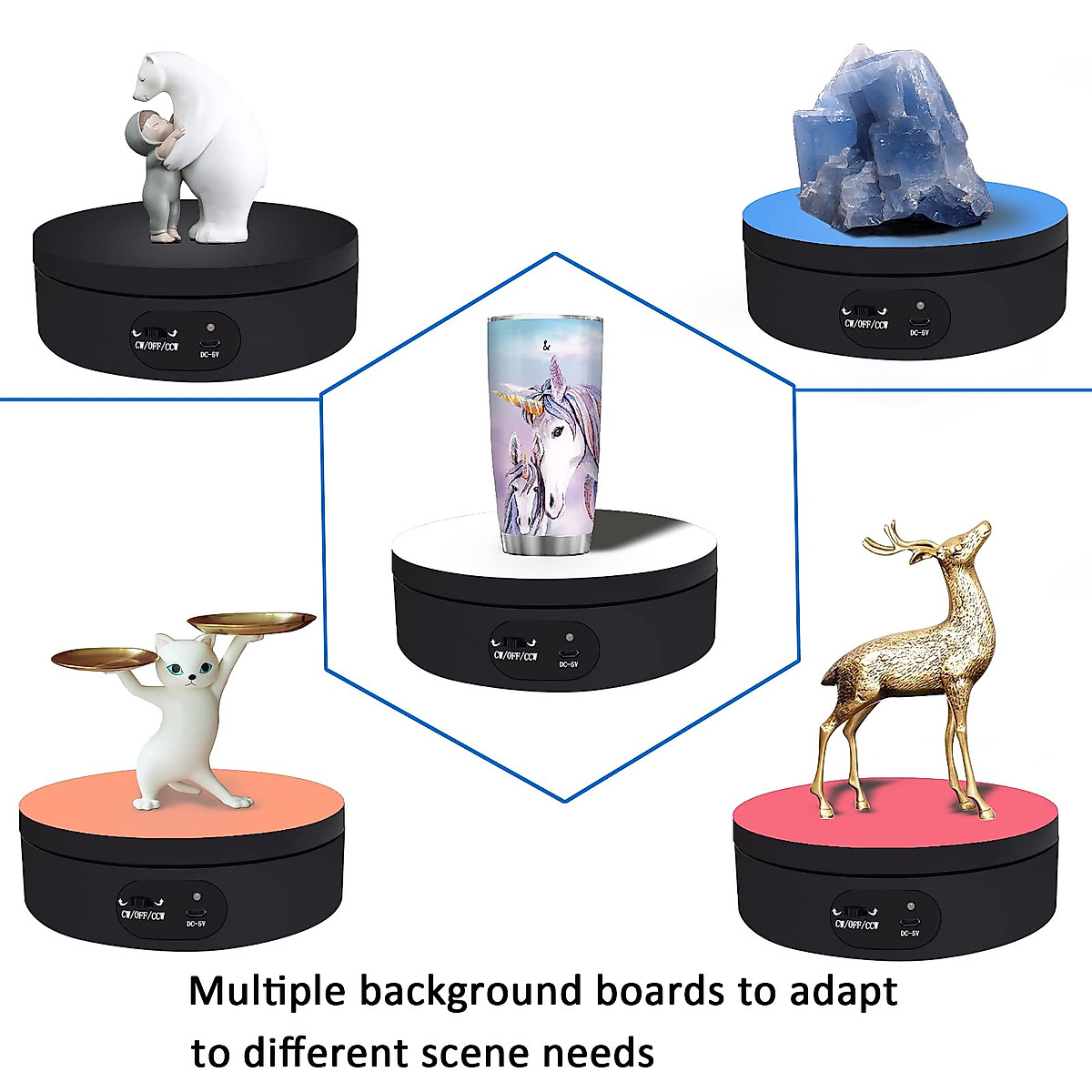YVV Motorized Rotating Display Stand, Cup Display Turner Stand, Electric Rotating Base for Glitter Tumblers, 360 Automatic Mute Rotating Turntable with 4 Colors Backgrounds for Epoxy Cup Display