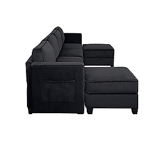 Goohome 116'' Modular Sectional, U-Shaped Velvet Convertible, Minimalist Modern 6 Seater Sleeper Couch with Chaise Ottomans, Sofa Sets, for Living Room, Bedroom, B-Black