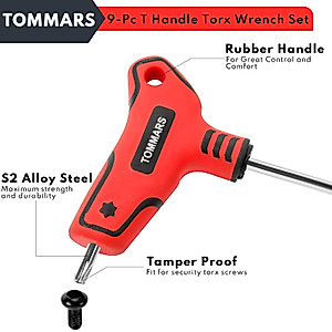 TOMMARS 9PC T Handle Torx Wrench Set, S2 Steel, T10 - T50 Tamper Proof Star Key Set