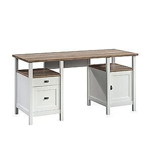 Sauder Cottage Road Computer Desk with Drawers, Home Office Desk with File Cabinet and Storage Shelves, in Soft White