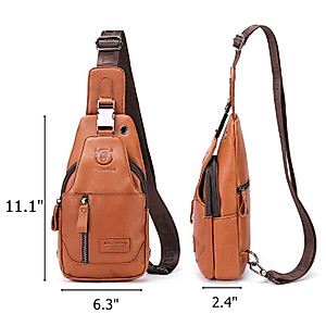 BULLCAPTAIN Leather Men's Sling Backpack Multi-pocket Crossbody Chest Bags Travel Hiking Daypack with Earphone Hole (brown 2)