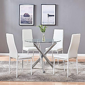 Dining Table with Chairs Set,4HOMART YVONNE&F.L.A.M. 5PCS Round Glass Table Set Modern Tempered Glass Top Table with 4 PU Leather Chairs Dining Room Furniture