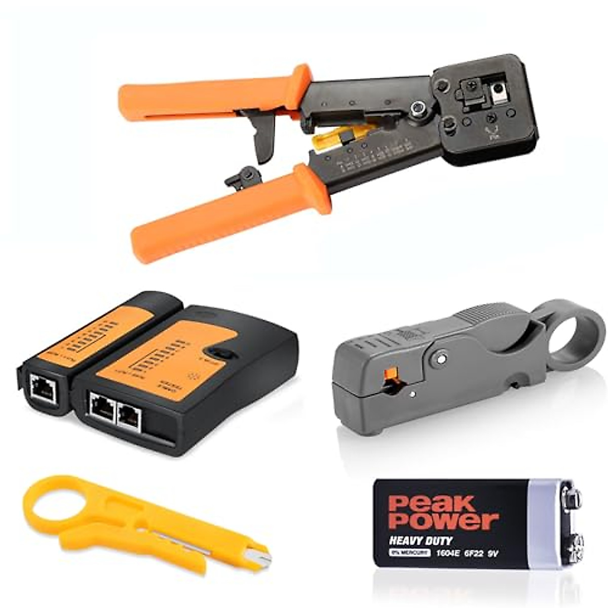 RJ45 Crimp Tool Kit Pass through Ethernet Crimper kit for Cat5 Cat5e Cat6,RJ45 Crimping Tool with 50PCS Connectors, 50PCS Covers,1 Wire Punch Down Cutter and 1 Network Cable Test(9V Battery Included)