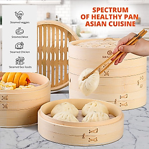 KITCHENCRUST Bamboo Steamer Basket for Chinese Asian Cuisine - 2 Tier 10-Inch Steaming Basket Bun Vegetable Steamer, Dumpling Steamer bamboo steam basket, Sauce Dish, Chopsticks, Reusable Liners, Ring
