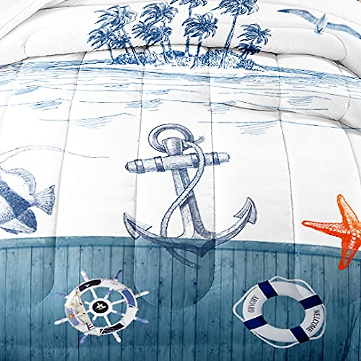 Suncloris Nautical Sailboat Comforter Set for Kids and Adults, Queen Size Anchor Rudder Themed Bedding Comforter with 2 Coastal Ocean Plant Patterned Pillowcases - 90"x90" (Queen, Dark Blue)