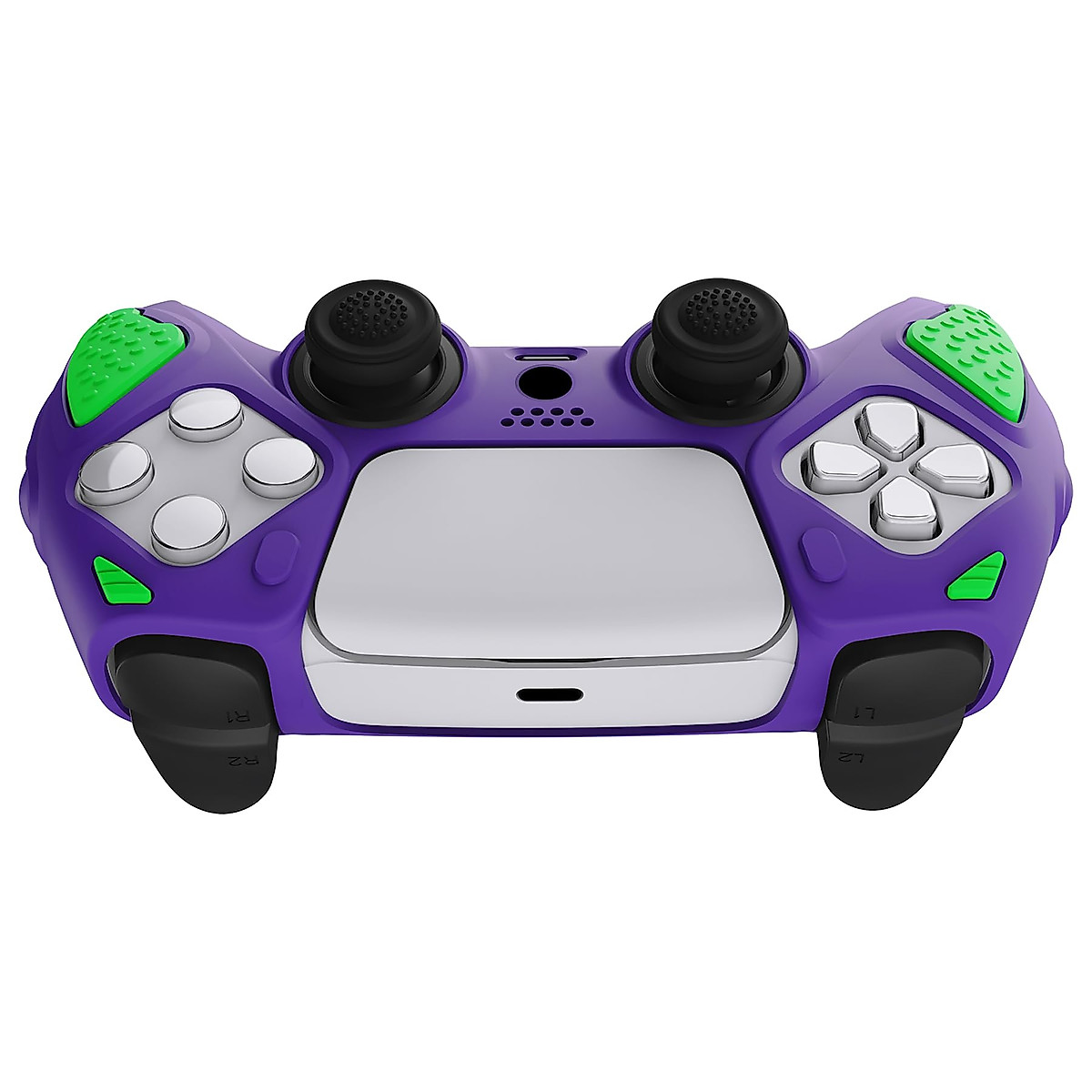 PlayVital Knight Edition Neon Genesis Purple & Green Two Tone Anti-Slip Silicone Cover Skin for ps5 Controller, Soft Rubber Case for ps5 Wireless Controller with Thumb Grip Caps