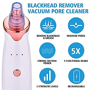 2023 Blackhead Remover Pore Vacuum Cleaner Electric Blackhead Vacuum Extractor Pore Cleaner Comedone Whitehead Remover Kit Pore Extractor Suction Too with 5 Different Sucker Heads