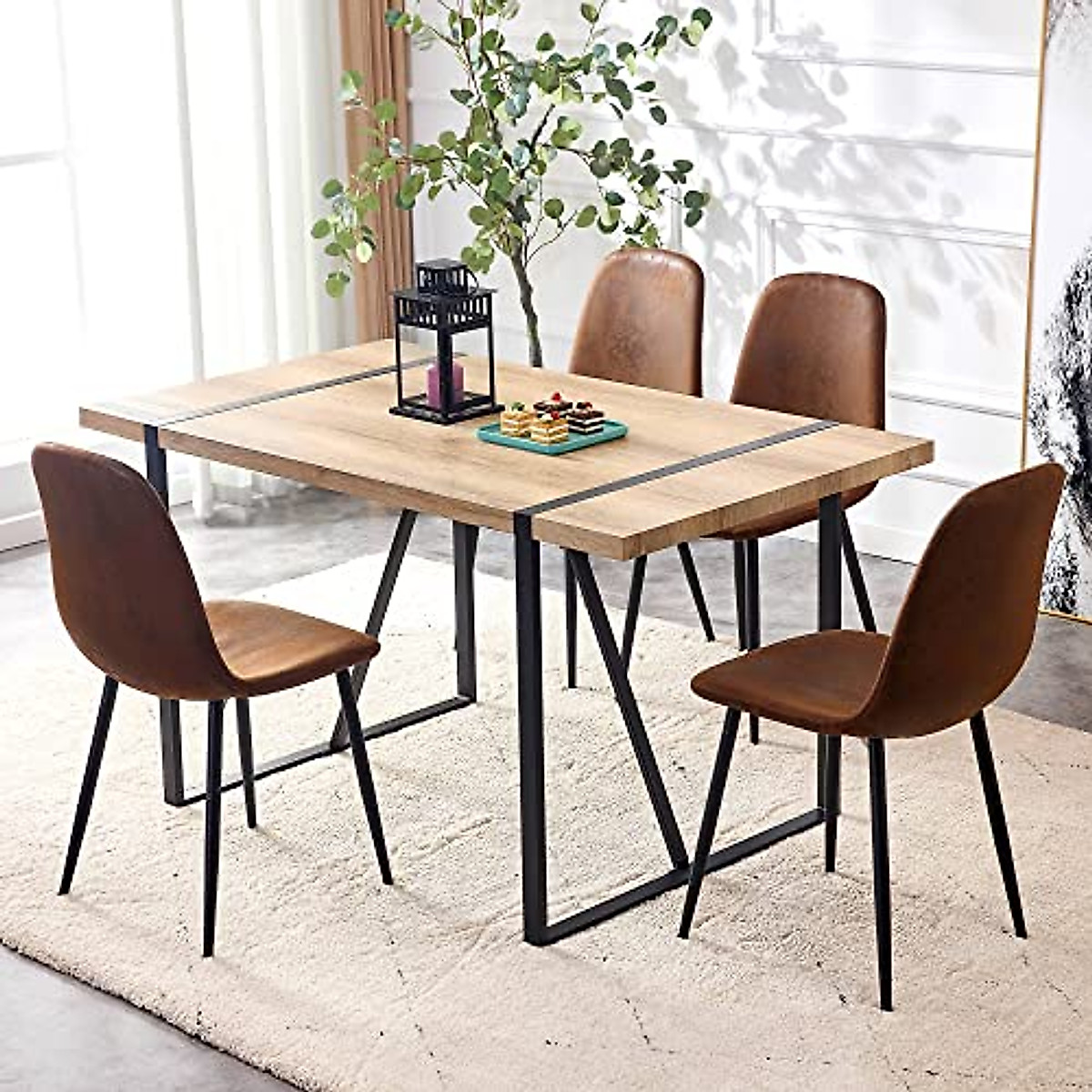 Yoluckea 5 Piece Dining Table Set, Modern Farmhouse Wood Dining Table with 4 Dining Chairs Set, Rectangular Kitchen Table Upholstered Fabric Side Chairs, 55.1" W x 31.4" D x 29.9" H