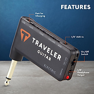 Traveler Guitar TGA-1E Electric Guitar Headphone Amplifier | Guitar Headphone Amp with 1/8" Headphone Jack and 1/8" Aux-in for Backing Tracks | Portable Guitar Amp with Gain, Tone and Volume Controls
