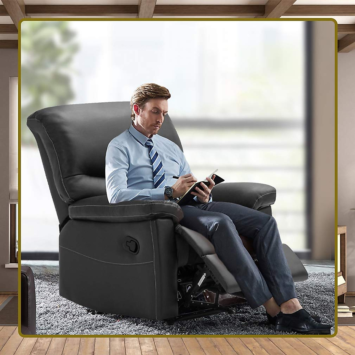 FDW PU Leather Sofa Recliner Couch Recliner Sofa Manual Reclining Sofa for Living Room Black