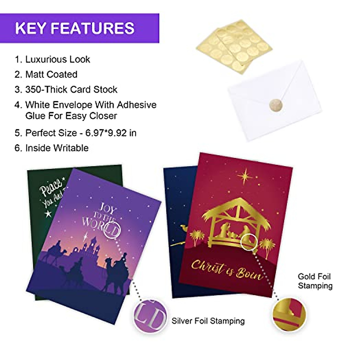 TAOZI&LIZHI Religious Christmas Cards Boxed Assortment with Envelopes, Assorted Lang Merry Christmas Gifts Holiday Blank Greeting Xmas Cards Clearance Bulk, Nativity(4 Designs, 24 Handmade Cards)