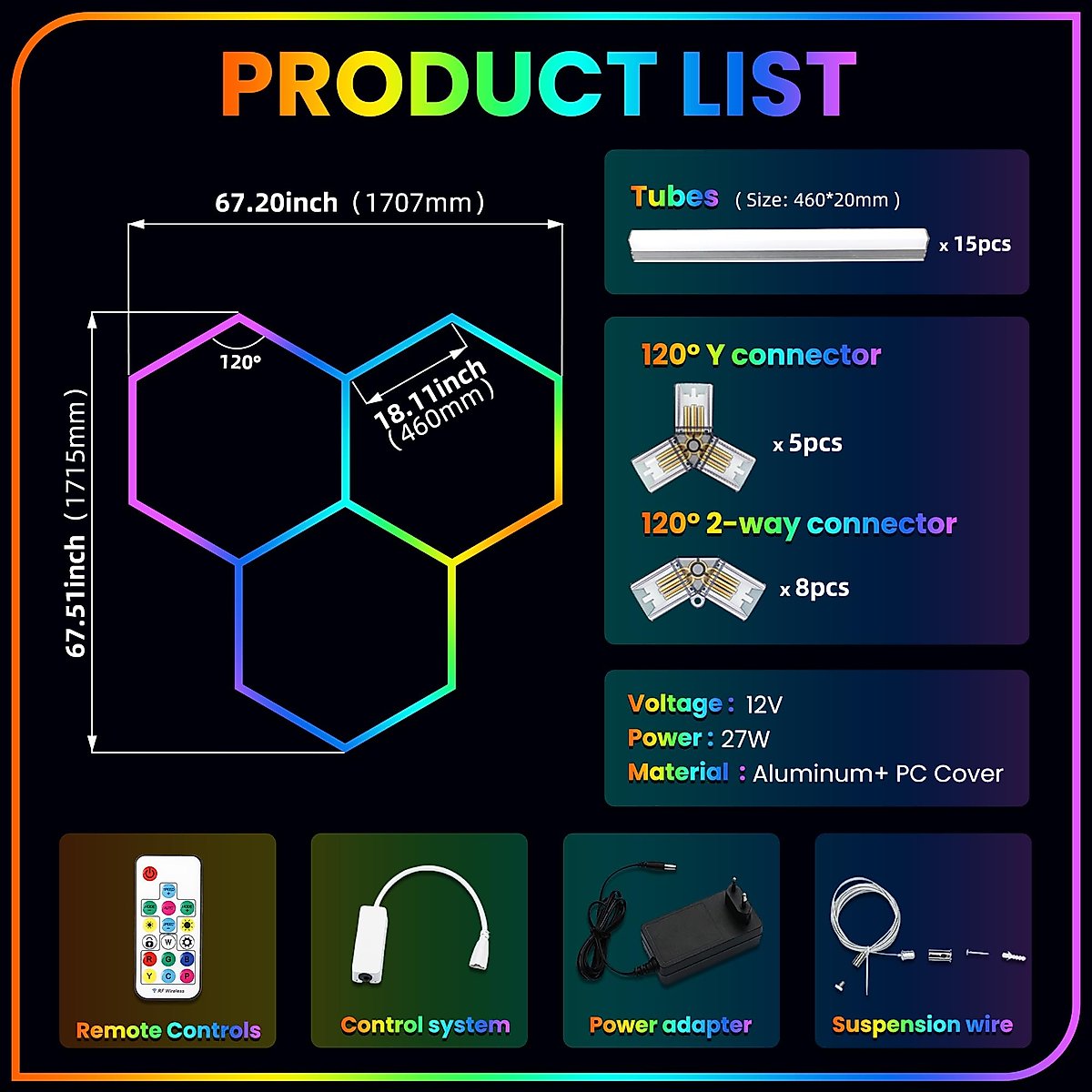 ALL4DETAIL RGB LED Hexagon Lights, Remote Dimmable Hexagon Garage Light with 358 Color Modes, LED Ceiling Light Hexagon for Gaming Room, Party, Gym, Bar