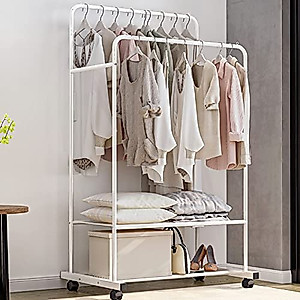 befacai Clothing Garment Rack with Shelves, Upgraded Length Cloth Hanger Rack Stand on Wheels, Clothes Drying Rack with Two Rod(31.5inch White)