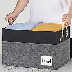 RVSNQ Large Fabric Storage Bins, Closet Storage Bins with Cotton Rope Handle and Label, Foldable Storage Boxes for Organizing, Storage Baskets for Shelves Bedroom Closet Office(3-Pack, Grey&Black)
