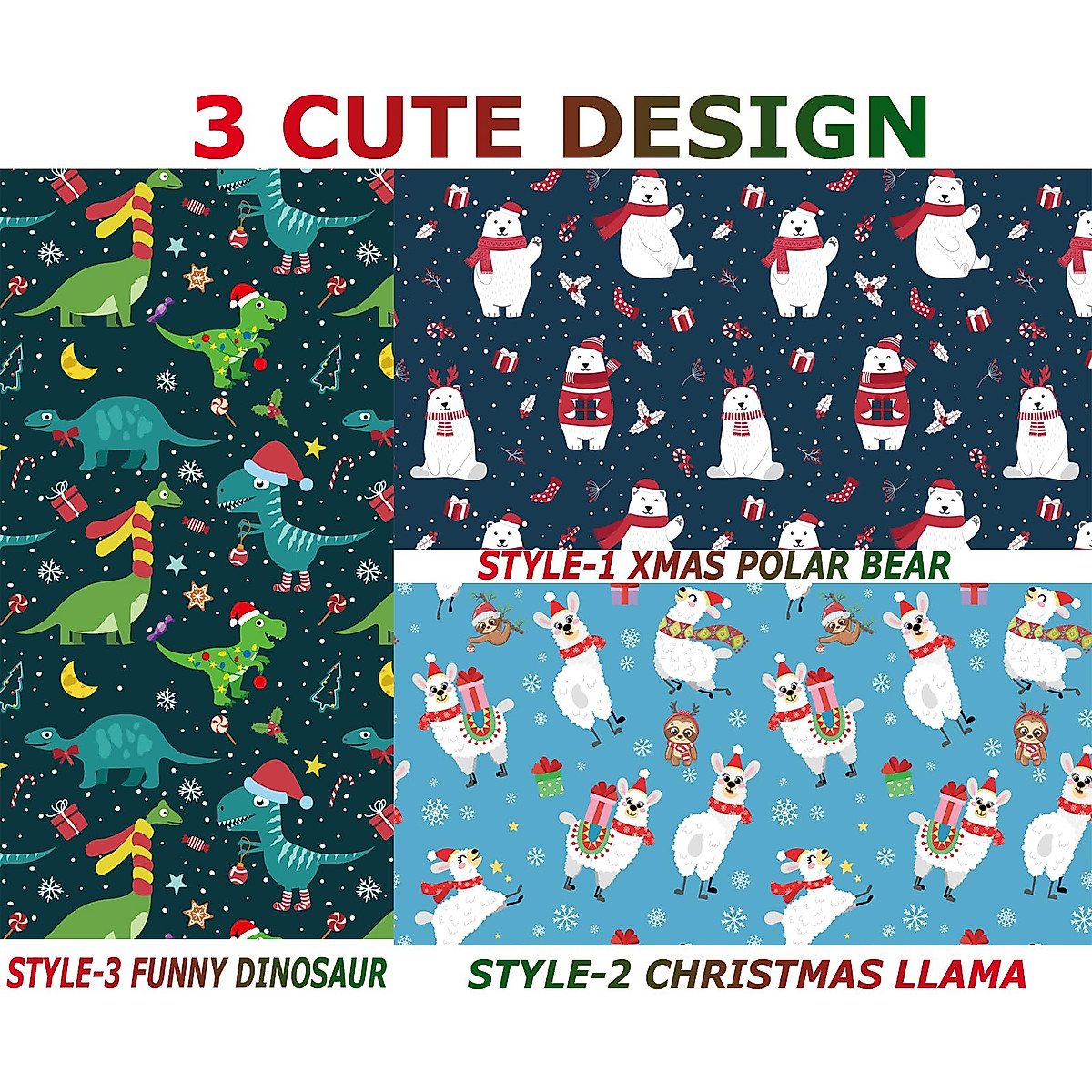 U'COVER Christmas Wrapping Paper for Kids Boys Girls 6 Large Sheet Gift Wrapping Paper for Women Men Christmas Dinosaur,Bear,Llama Sloth Xmas Holiday New Year Wrap Paper Folded Flat 27 * 37inch