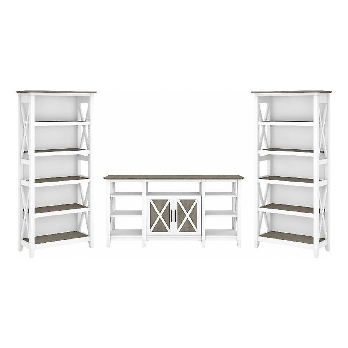 Bush Furniture Key West Tall TV Stand with Set of 2 Bookcases in Pure White and Shiplap Gray, Farmhouse Entertainment Center for 65 Inch Television
