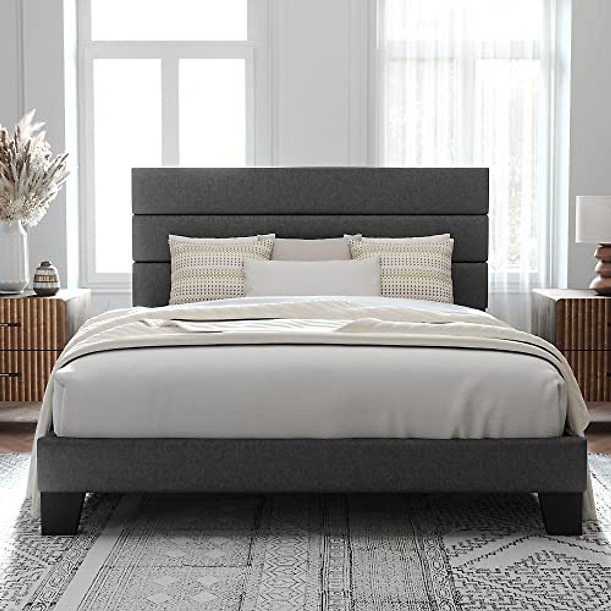Allewie Queen Size Platform Bed Frame with Fabric Upholstered Headboard and Wooden Slats Support, Fully Upholstered Mattress Foundation/No Box Spring Needed/Easy Assembly, Dark Grey