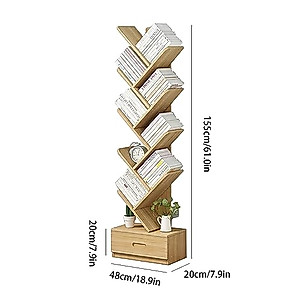 VERAMY 9 Tier Tall Bookshelf Tree Bookshelf with Drawer Corner Bookshelf Floor Standing Bookcase Large Capacity Bookshelf Utility Organizer Shelves for Living Room Bedroom