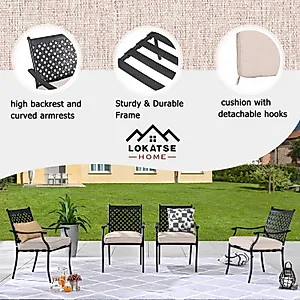 LOKATSE HOME 4 Piece Outdoor Patio Metal Wrought Iron Dining Chair Set with Arms and Seat Cushions - Beige