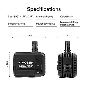 VIVOSUN 130GPH Submersible Pump(500L/H, 6W), Ultra Quiet Water Pump with 2.6ft High Lift, Fountain Water Pump with 5ft Power Cord, 2 Nozzles for Fish Tank, Pond, Aquarium, Statuary, Hydroponics