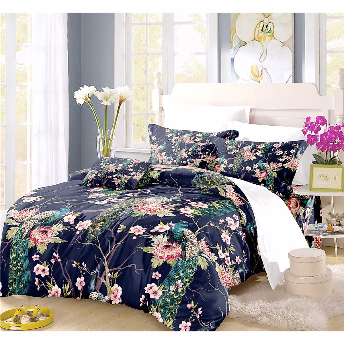 REALIN Peafowls Duvet Cover Set Chinese Style Bedding Noble Green Peacock Bed Sets 2/3/4PCS Quilt Covers/Sheets/Pillow Shams,Twin/Full/Queen/King (E,King-229x259cm-4PCS)