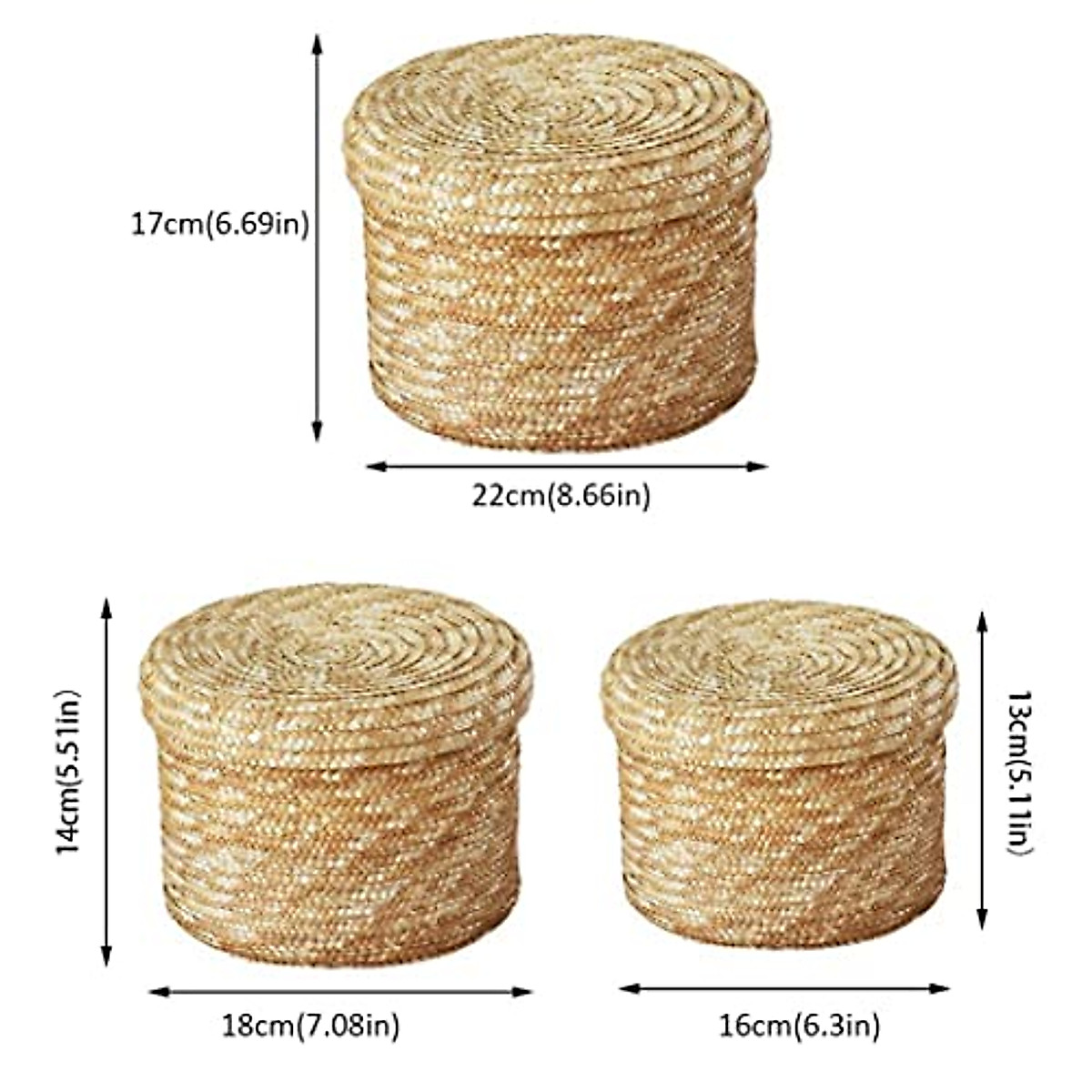 CurcKua 3pcs Straw Storage Baskets with Lid Woven Organizer Round Finishing Storage Box for Bedroom Living Room Laundry Snack