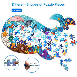 Jigsaw Puzzles for Kids Ages 4-8, 108 Pieces Whale Shaped Cardboard Puzzles for Animal Lovers, Sturdy Floor Puzzles Box and Poster, Educational Toys Gift for Boys Girls, 23.38 x 14.72 Inch