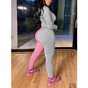 Elosele Women Workout 2 Piece Set - Long Sleeve Colorblock Pullover Sweatshit Drawstring Ruched Jogger Pants Tracksuit Sportswear Set A-Grey&Pink XL