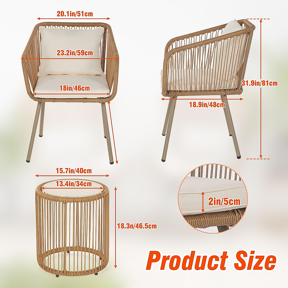 3 Piece Patio Furniture Set with Cushions Lumbar Pillows Outdoor PE Rattan Bistro Furniture Set Patio Rattan Conversation Set Glass Coffee Table Top and 2 Chairs for Patio Garden Porch , White