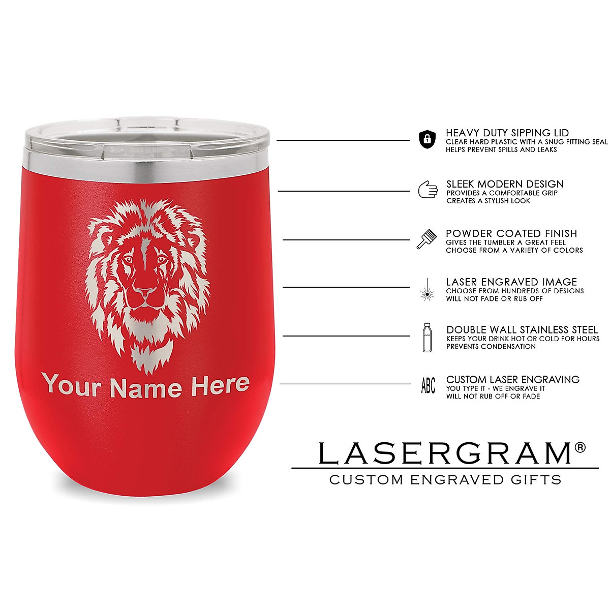 LaserGram Double Wall Stainless Steel Wine Glass Tumbler, Crab, Personalized Engraving Included (Red)