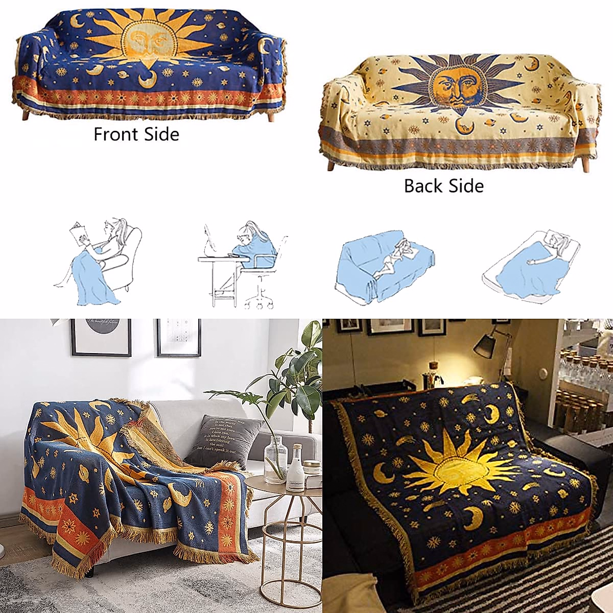 Hippie Throw Blanket Sun Moon Stars Boho Throw Blankets Celestial Tapestry Double-Sided Reversible Woven Cotton Home Decor Bedding Chair Couch Recliner Cover Oversized Tassels Astrology 50"x70"