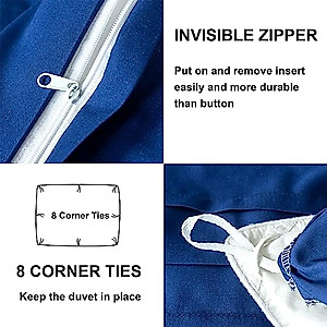 ORTIGIA Boho Pom Pom Fringe Duvet Cover Set Queen Size,Blue Dahlia Floral Duvet Cover Set Soft Washed Microfiber 1 Bed Cover (90"x90") with 2 Pillow Shams(20"x 26") 3 Pieces Comforter Cover