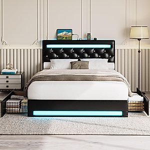LIKIMIO Full Size Bed Frame with LED Light, PU Leather Platform Bed Frame with 4 Drawers, Adjustable Crystal Button Tufted Headboard, No Box Spring Needed, Black