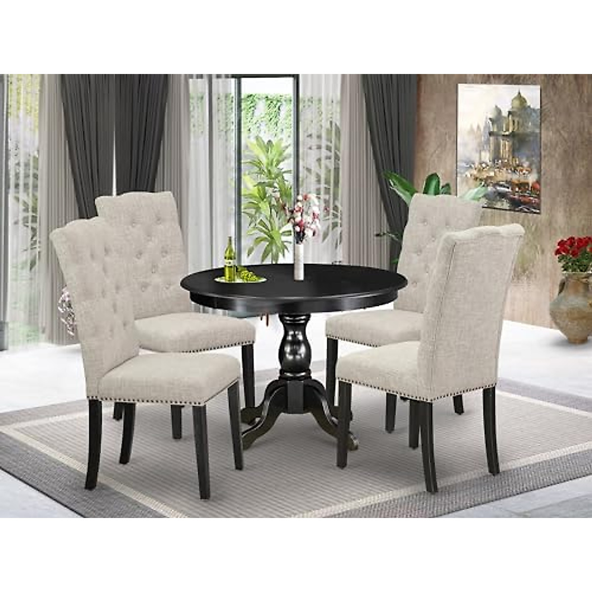 East West Furniture HBEL5-ABK-35 5 Piece Kitchen Table & Chairs Set Includes a Round Dining Room Table with Pedestal and 4 Doeskin Linen Fabric Upholstered Chairs, 42x42 Inch, Wirebrushed Black