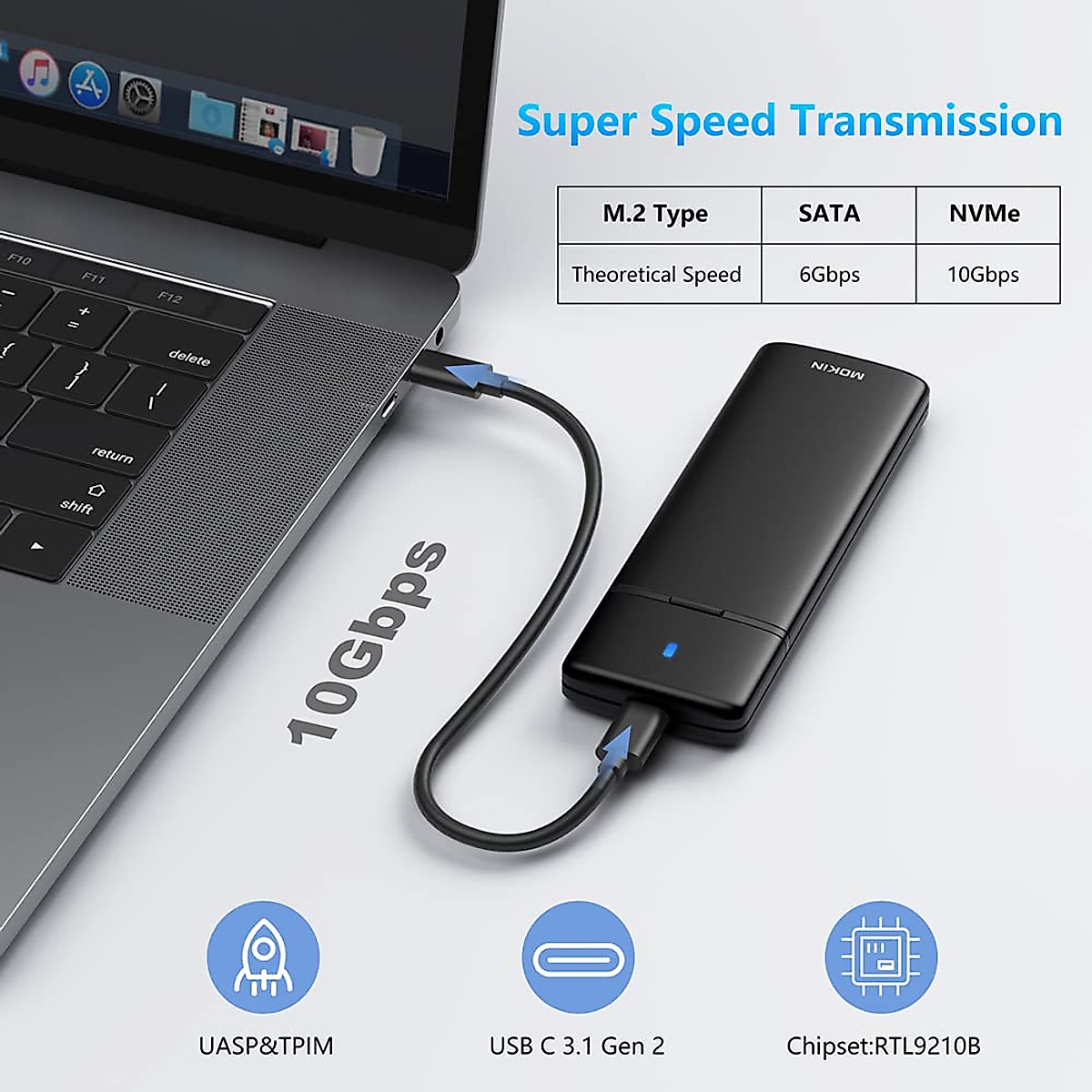 M.2 NVME SATA SSD Enclosure Adapter, Tool-Free USB C 3.1 Gen 2 10Gbps to NVME PCIe M-Key(B+M Key) Solid State Drive External Enclosure Support UASP Trim for SSD Size 2230/2242/2260/2280