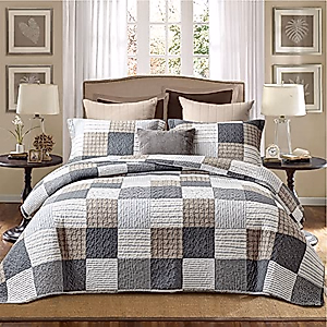 PANGUSHAN Twin Size Quilt Set,100% Cotton Quilt,Patchwork Plaid Quilt Bedding Set Bedspreads,Gray(Grey)/Black/Tan/White/Cream Quilt for Twin Bed,Reversible Lightweight Comforter Bed Set,2 Pieces