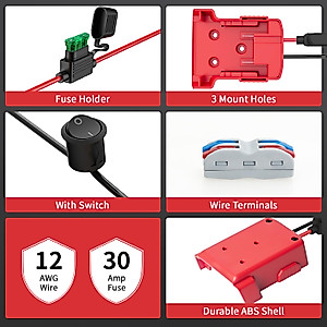 Kzreect Power Wheels Adapter for Milwaukee M18 Battery Adapter, 18V Power Wheels Battery Converter Kit with Fuses Holder and Switch, Wire Terminals, 12AWG Wire for RC Car DIY Adapter Set (1 Pack)