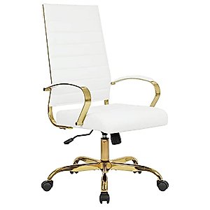LANDSUN Home Office Chair High Back Executive Chair Ribbed PU Leather Computer Desk Chair with Armrests Soft Padded Adjustable Height Swivel Conference Gold Frame White