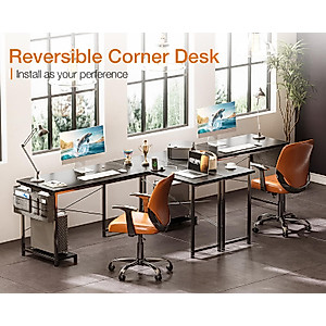 Casaottima 50 inch L Shaped Desk, Computer Desk with Removable PC Stand, Reversible Home Office Desk with Storage Bag for Gaming Writing, Corner Desk for Bedroom, Small Space, Black