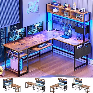 SEDETA L Shaped Gaming Desk with Hutch, 57.5” Reversible Corner Computer Desk with Storage Shelves, Gaming Desk with Pegboard, LED Lights, Power Outlet, Keyboard Tray (Rustic Brown)