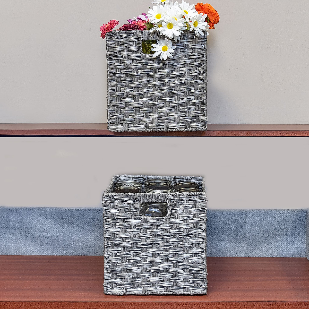 Foldable Synthetic Plastic Wicker Storage Basket with Iron Wire Frame By Blue Ridge Basket Company (Set of 2)