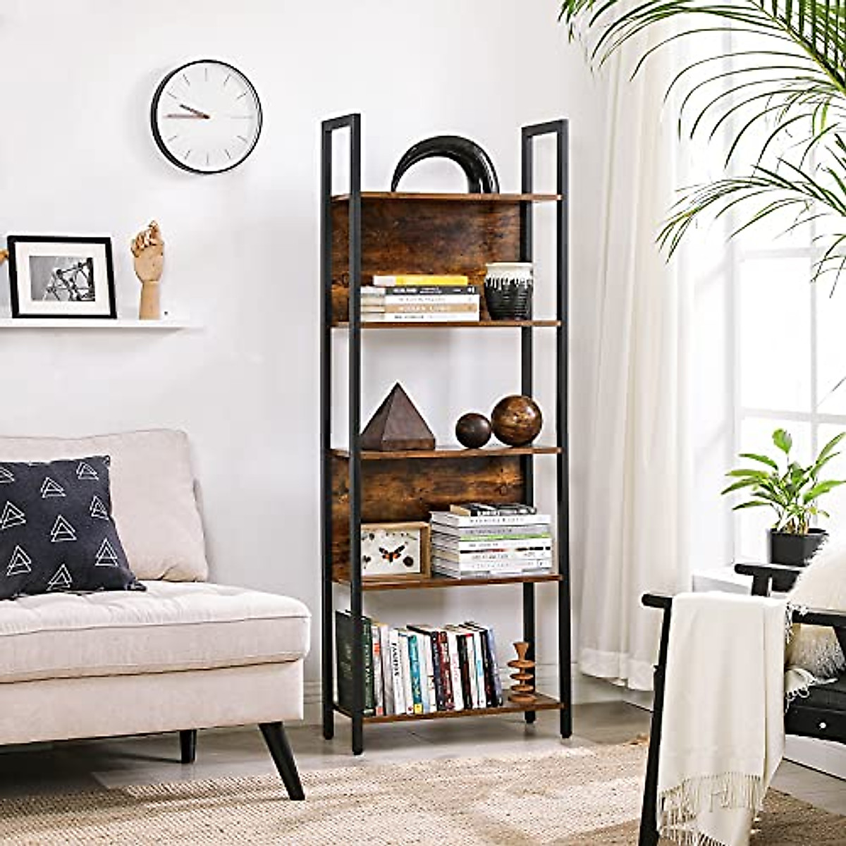 VASAGLE ALINRU Storage Shelf, Bookshelf with 5 Shelves, Steel Frame, for Living Room, Entryway, Office, Industrial Style, Rustic Brown and Black ULLS025B01, 24.4”L x 9.4”W x 65”H (62 x 24 x 165 cm)