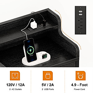 REAHOME Dresser for Bedroom with Charging Station and LED Lights, 5 Drawers Dresser Black Chest of Drawers with Shelves, Tall Night Stand with Sturdy Steel Frame & Wood Top for Bedroom - Black Grey