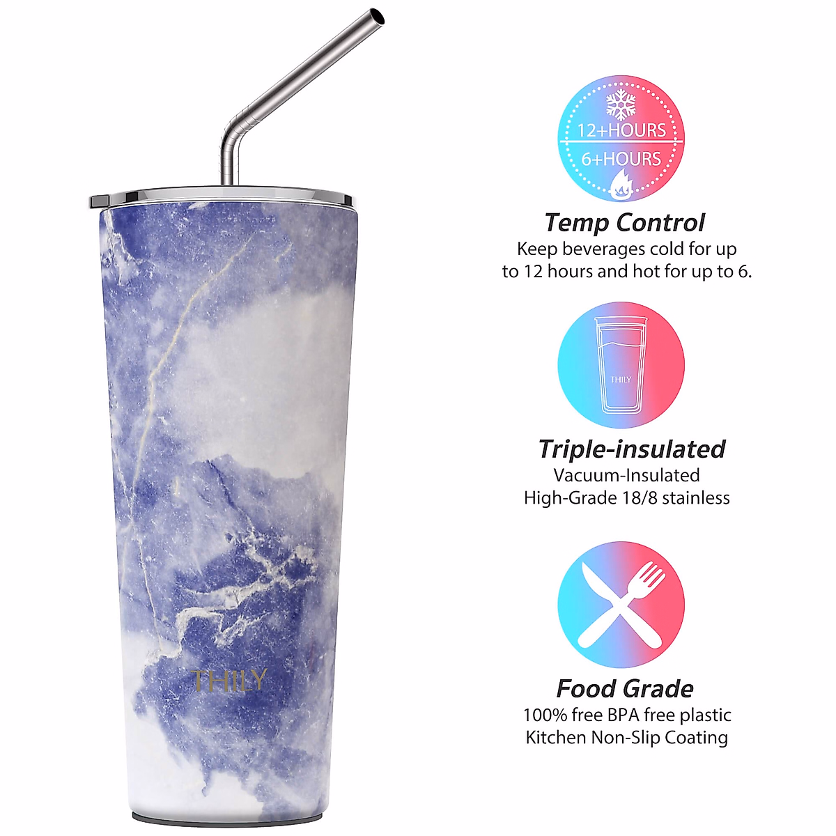 THILY Stainless Steel Vacuum Insulated Tumbler Travel Mug 26 oz Coffee Cup with 2 Lids and Straws, Splash Proof, Keep Ice Drinks Cold, Blue Marble