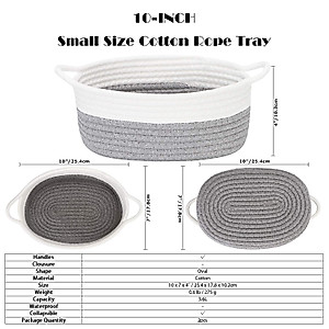 Sea Team 2-Pack Cotton Rope Baskets, 10 x 7 x 4 Inches Small Woven Storage Basket, Fabric Tray, Bowl, Oval Open Dish for Fruits, Jewelry, Keys, Sewing Kits (Grey & White)