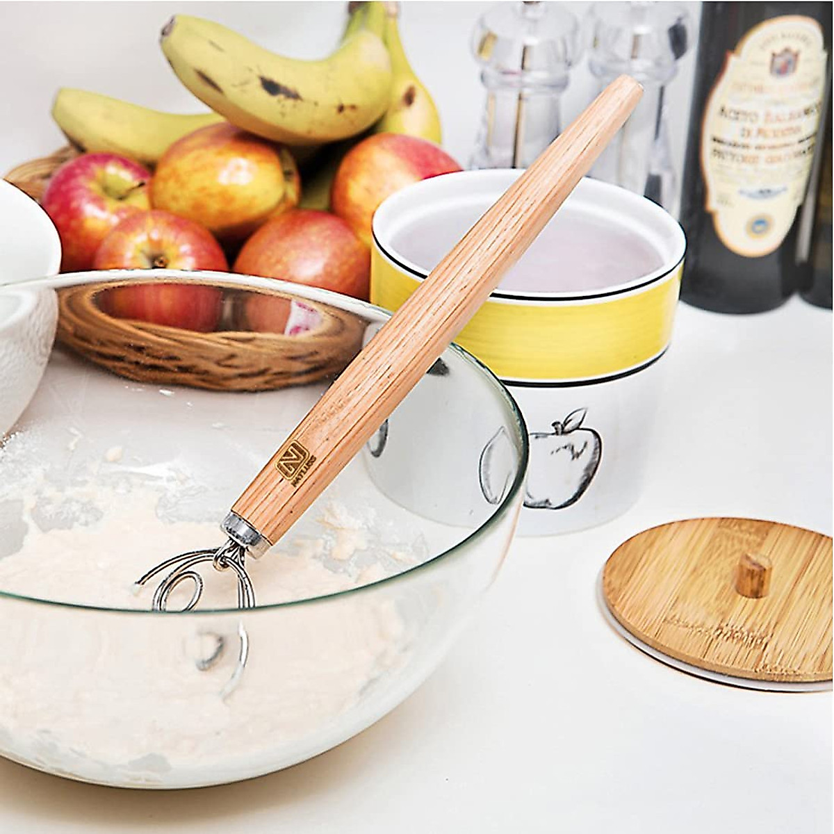 Natluss Original Danish Dough Whisk Dutch Style 13" Stainless Steel Large Wooden Hand Dough Mixer Baking Tool For Bread, Batter, Cake, Pastry, Pancake mixer, Cookie Dough Mixer For Cooking and Baking