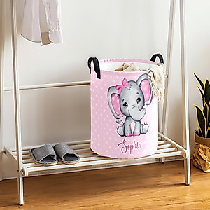 Personalized Wave Point Elephant Pink Waterproof Laundry Basket Handles Collapsible Hamper Storage Basket for Office Bathroom
