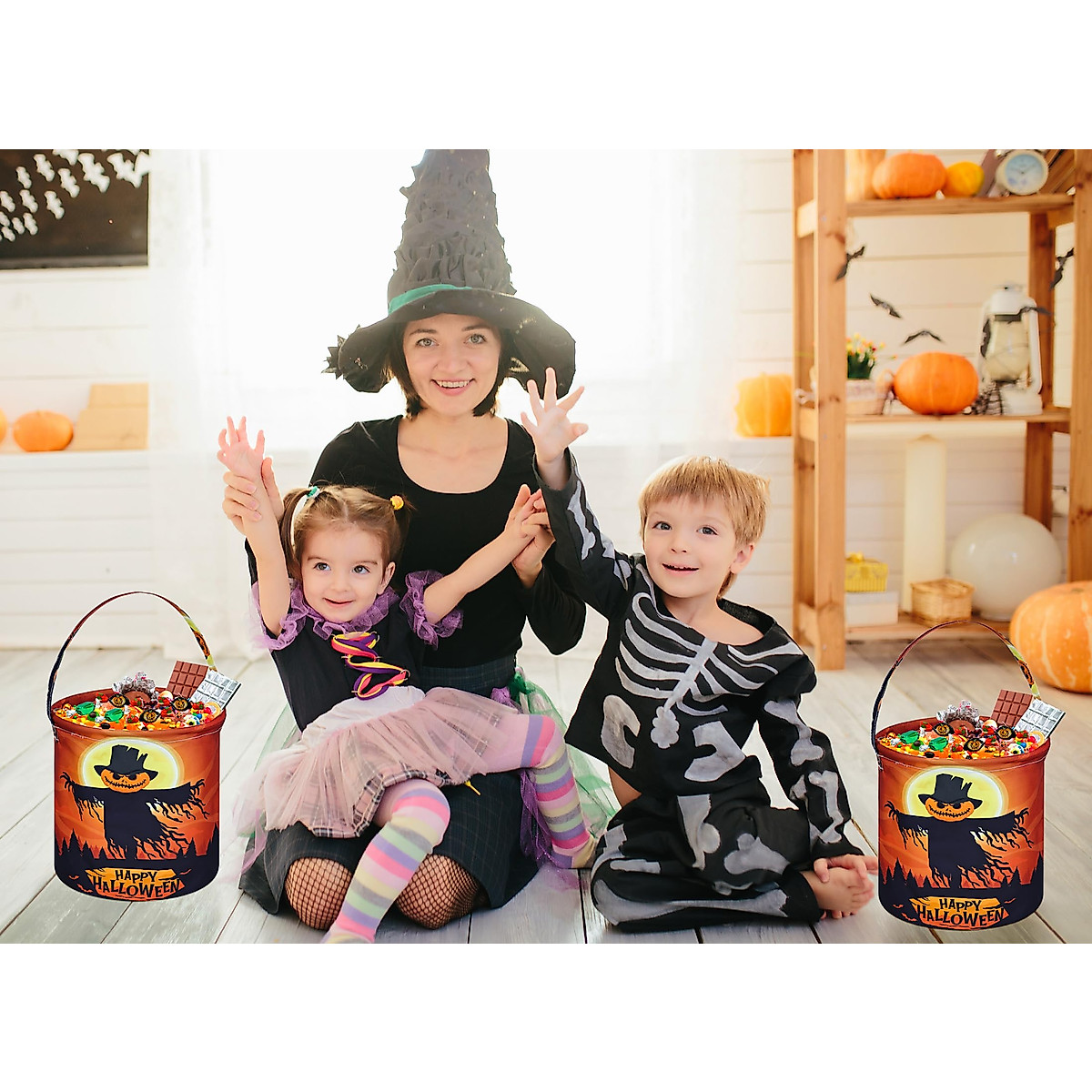 Halloween Basket Trick or Treat Bag Cute Candy Tote Buckets Reusable Canvas Best Organizer Party Gifts for Kids