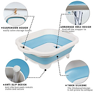 Ugusiu blue foldable washbasin with strainer, portable foldable chopping board, multipurpose kitchen basket silicone tray, suitable for travel camping and kitchen (one in blue)