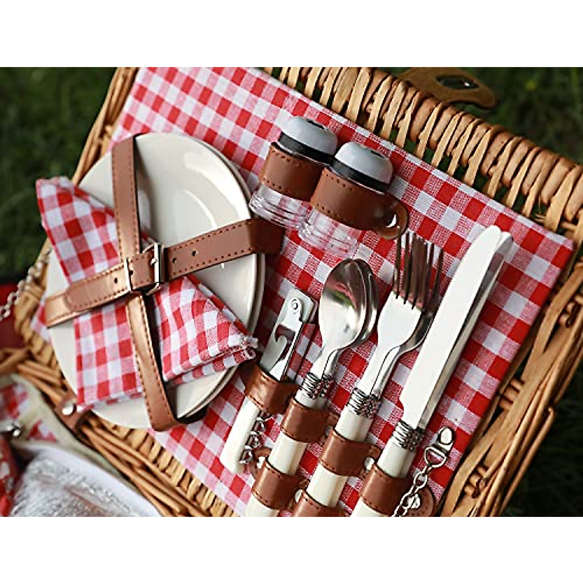 Wicker Picnic Basket for 2 Person, Willow Hamper Basket Sets with Insulated Compartment, Handmade 2 Person Picnic Basket Classical Red Check with Utensils Cutlery Perfect for Picnic, Camping